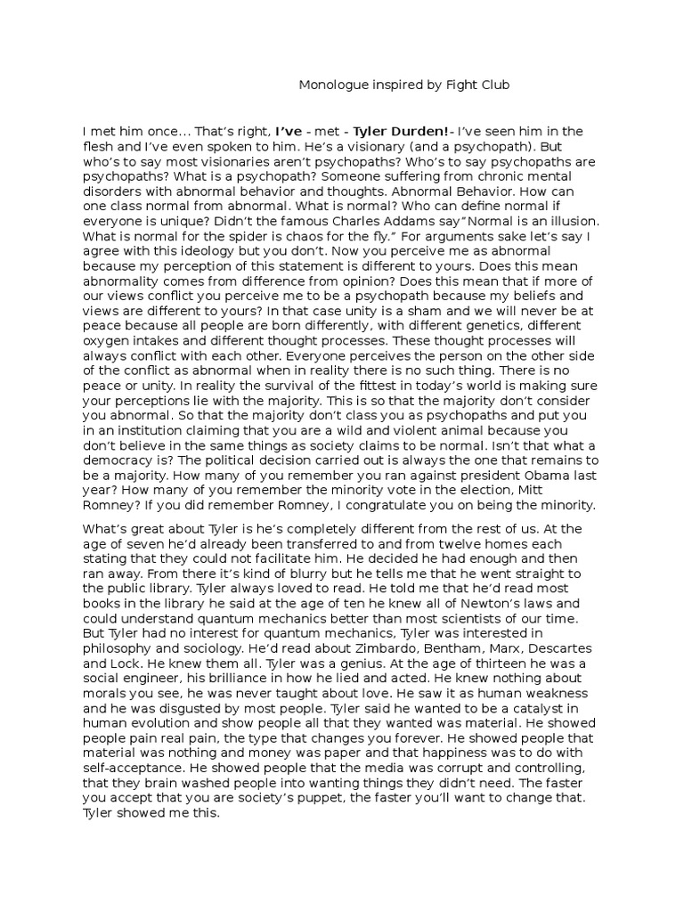 Monologue Inspired by Fight Club | PDF | Psychopathy | Perception