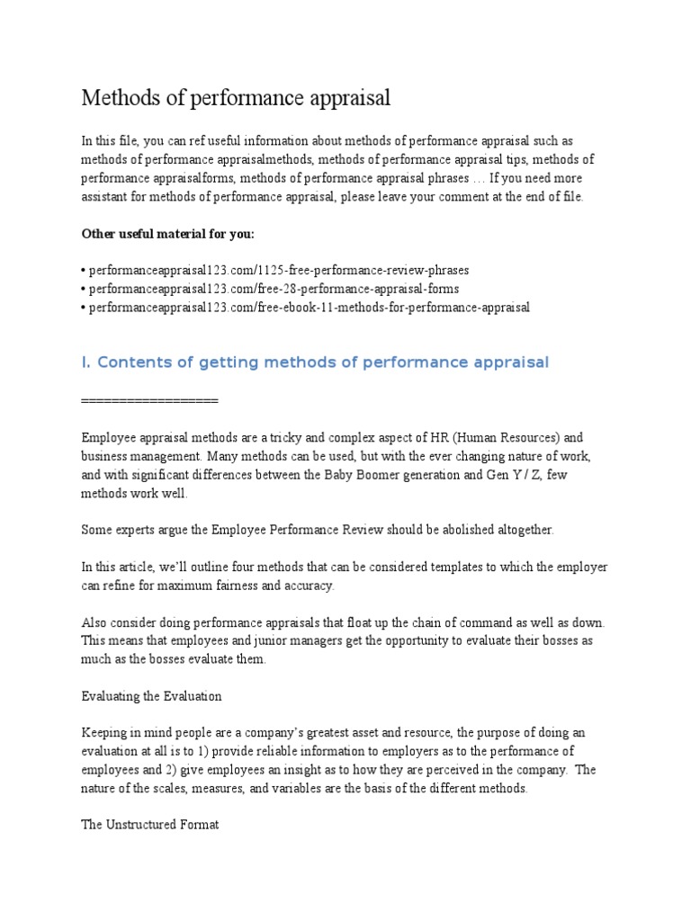 Methods of Performance Appraisal | PDF | Performance Appraisal ...