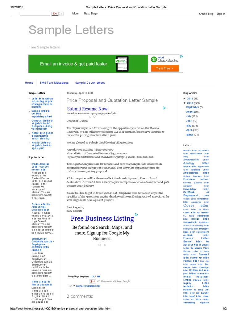 Sample Letters - Price Proposal and Quotation Letter Sample | Text ...