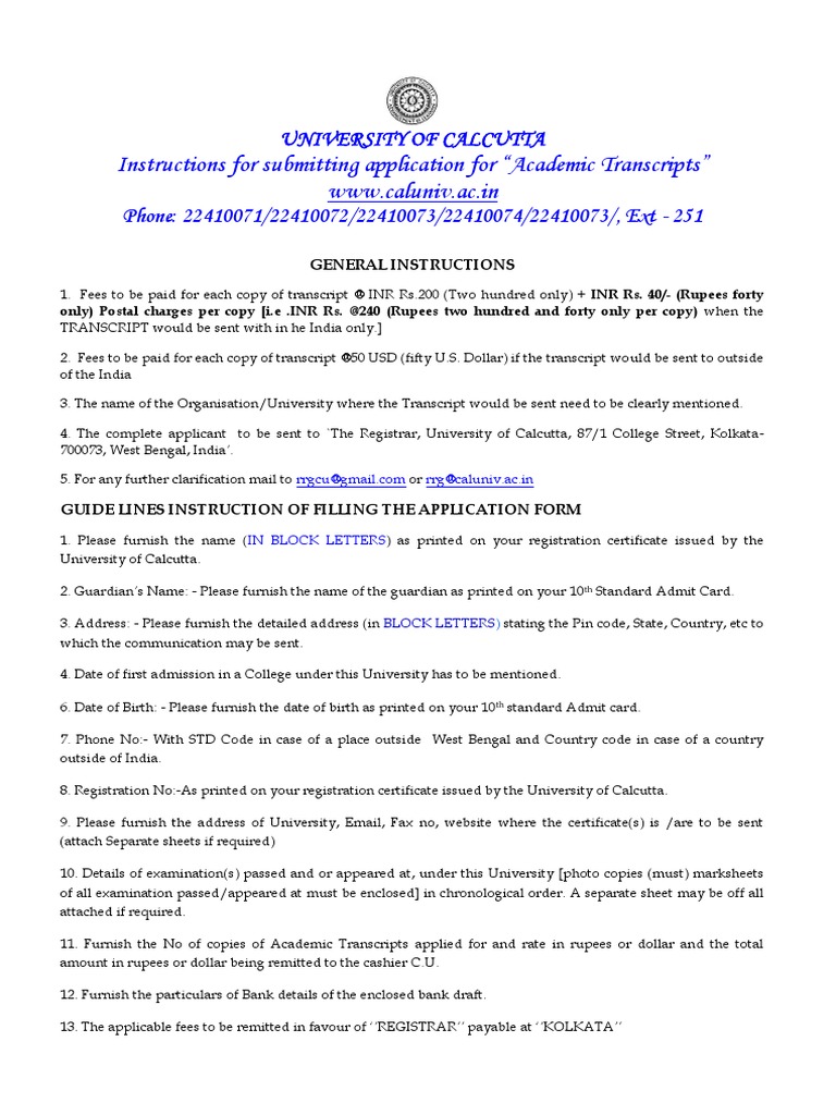 Instructions and Application Form for Requesting Academic Transcripts ...