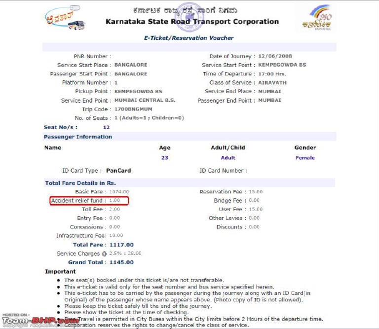 KSRTC Sample Ticket | PDF