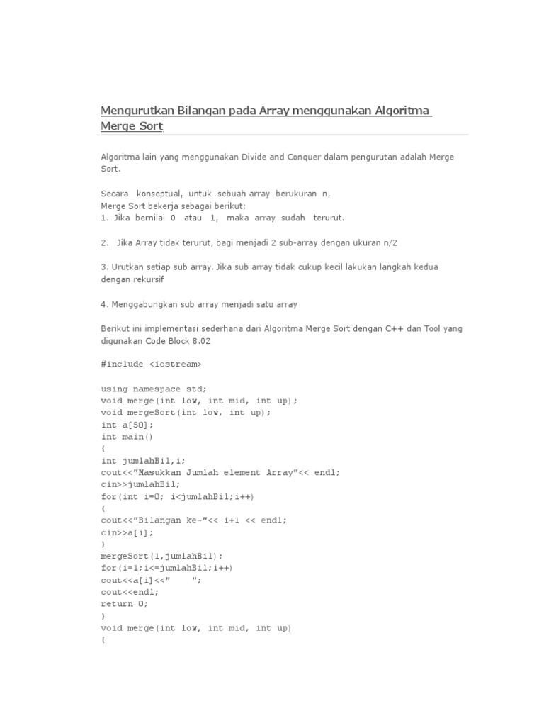 Merge Sort: Algoritma dan Implementasi C++ | PDF | Metode & Bahan Ajar ...
