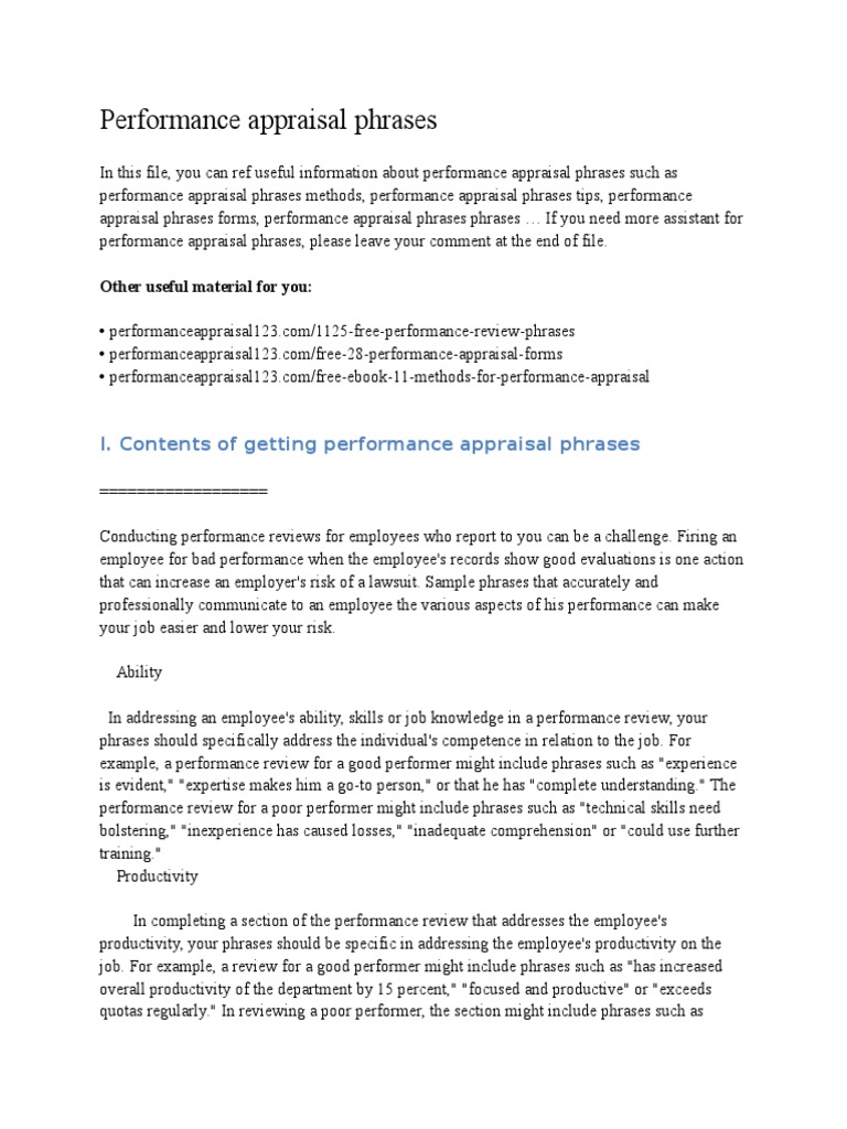 Performance Appraisal Phrases | PDF | Performance Appraisal | Employment