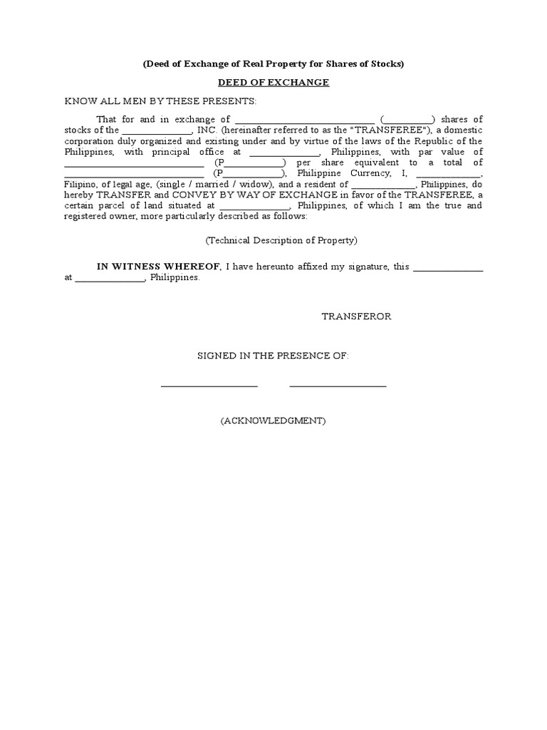 Deed of Exchange of Real Property For Shares of Stocks | PDF