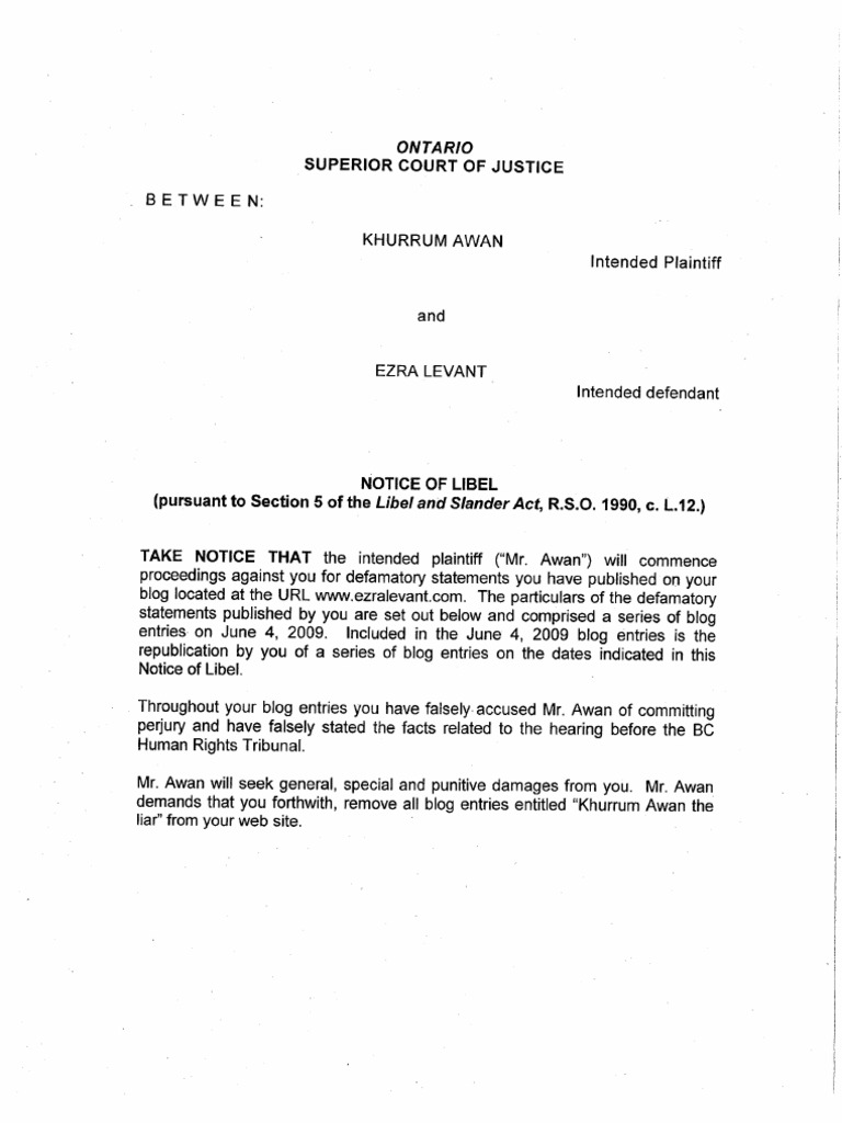 Notice of Libel - Khurrum Awan To Ezra Levant | Download Free PDF ...