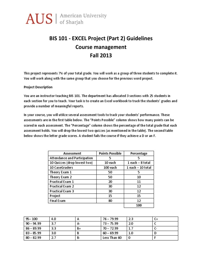 BIS 101 EXCEL Project (Part 2) Guidelines Course Management Fall 2013 ...