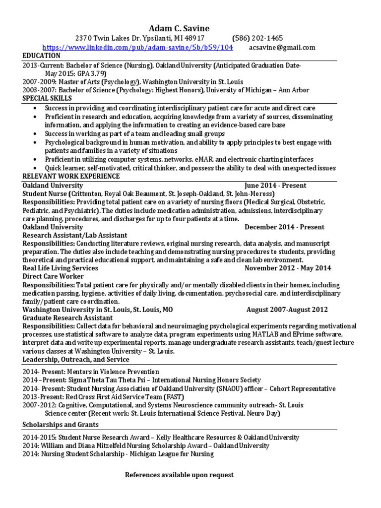 2014 Resume - Adam Savine | PDF | Nursing | Psychology