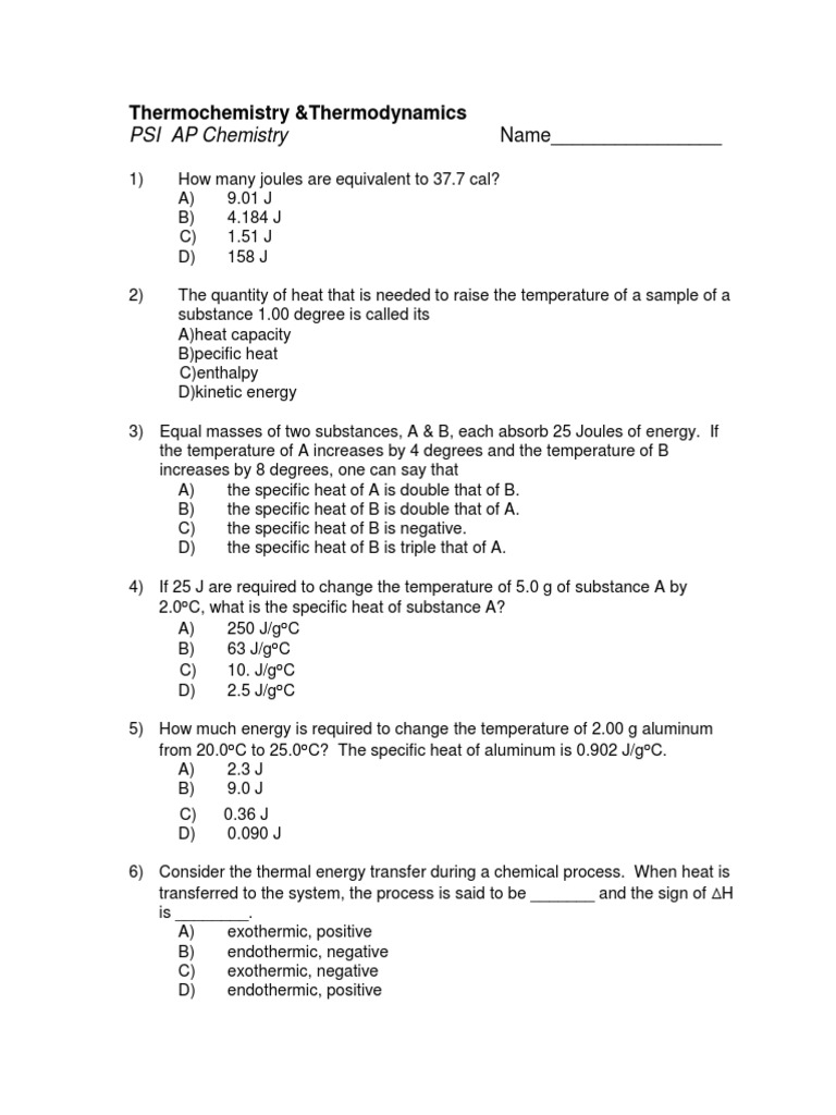 Thermodynamics Multiple Choice-2011!11!17 | PDF | Heat Capacity | Gibbs ...