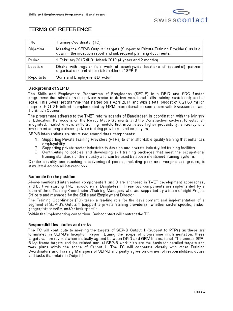 TOR Training Coordinator | PDF | Vocational Education | Capacity Building