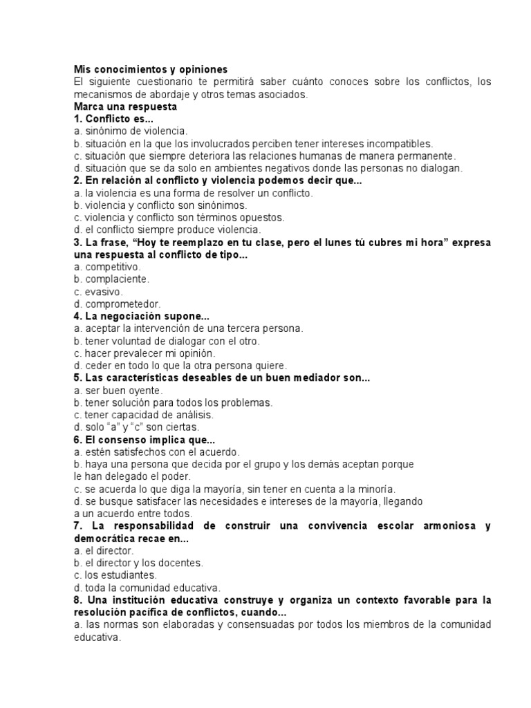CUESTIONARIO CONFLICTOS | Conflicto (proceso) | Negociación | Prueba ...