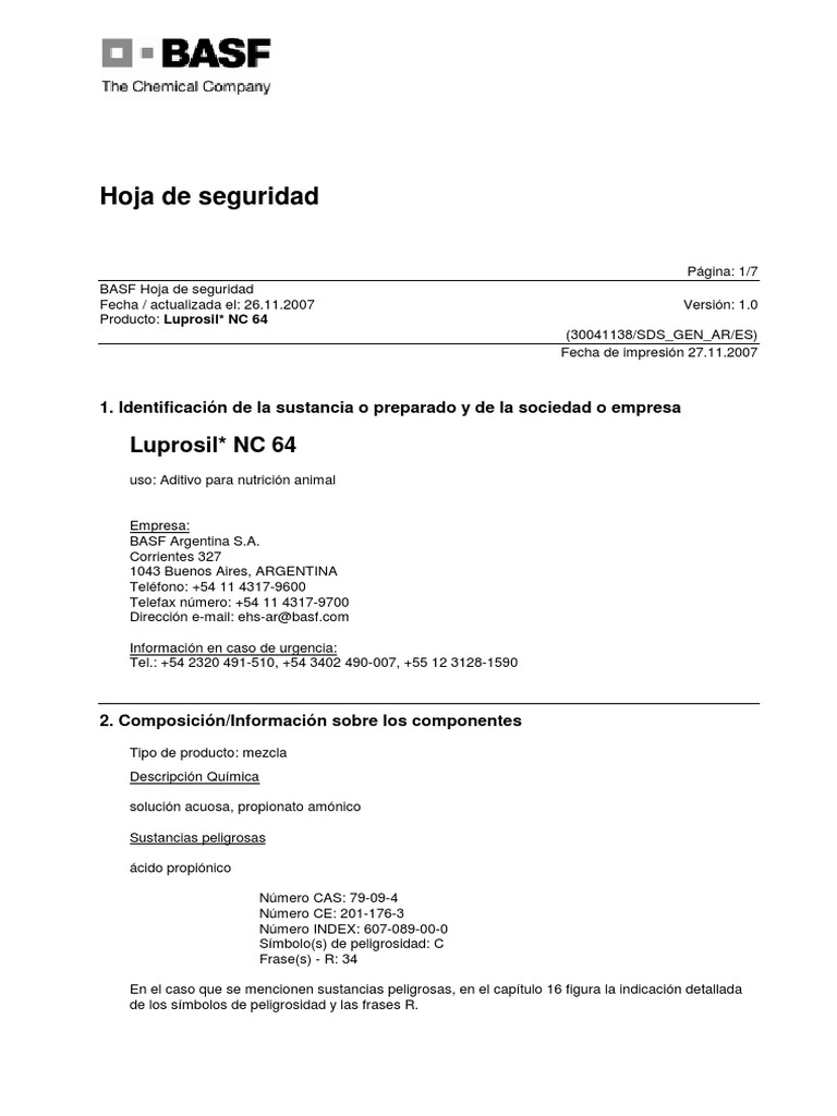 Hoja Seguridad Luprosil NC64 | PDF | Agua | Transporte