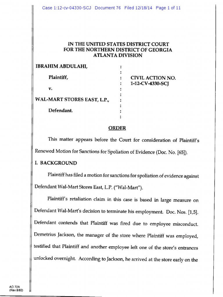 Spoliation Motion Against Wal-Mart | PDF | Prejudice (Legal Term) | Evidence