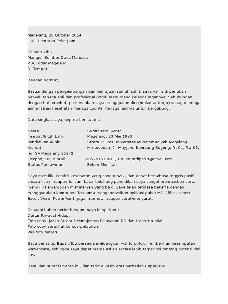 Contoh Surat Lamaran Kerja Perawat Di Rumah Sakit | PDF