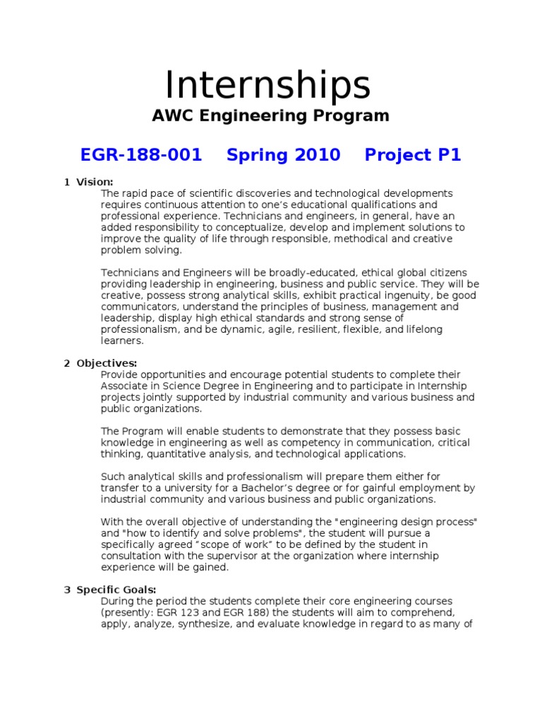 Internships: EGR-188-001 Spring 2010 Project P1 | PDF | Business