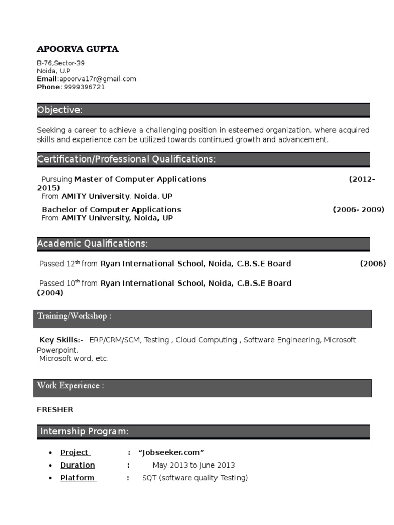 Apoorva Gupta: MCA Fresher Resume | PDF