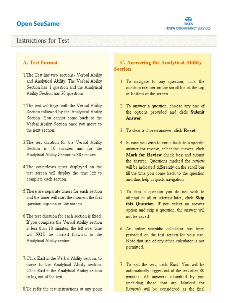 Instructions For Test: A. Test Format C. Answering The Analytical ...