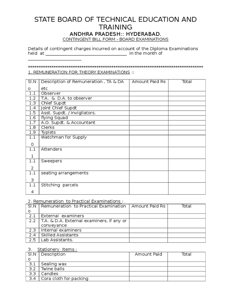 Contingent Bill for Diploma Exams | PDF