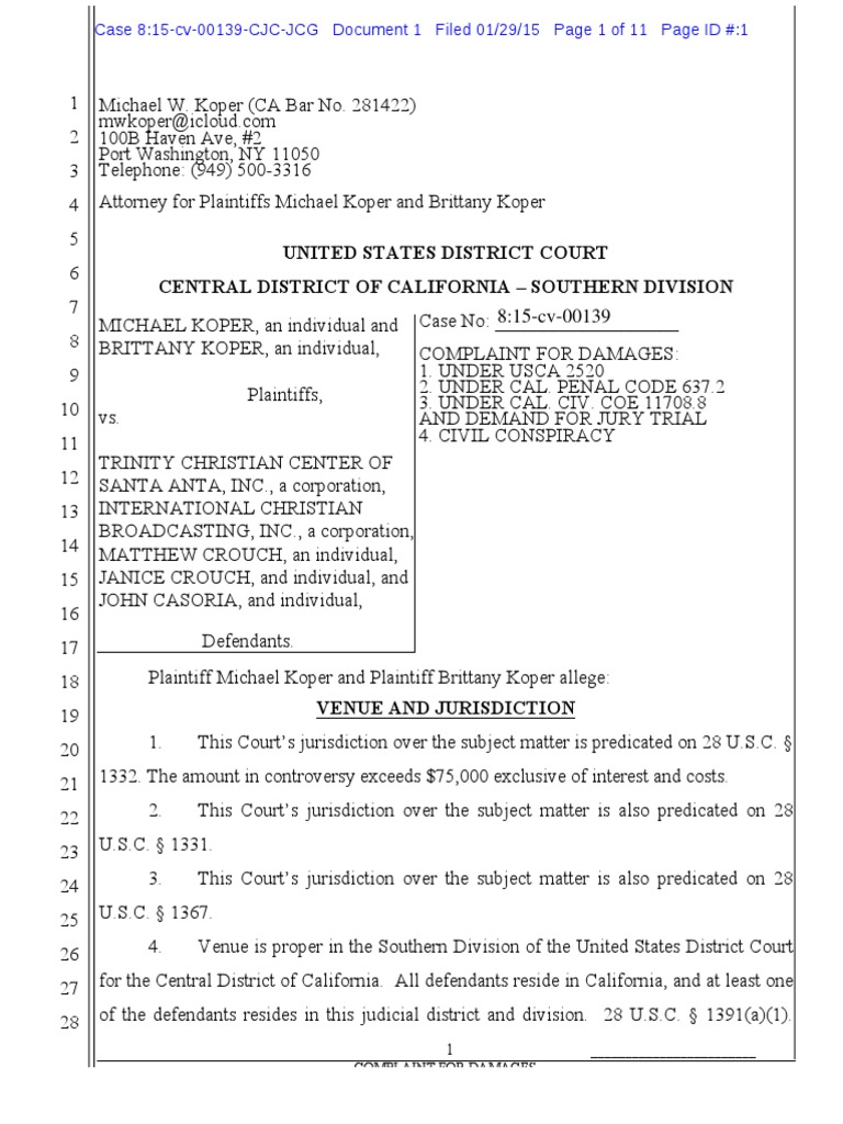 Brittany and Michael Koper Lawsuit Against TBN | PDF | Complaint | Lawsuit