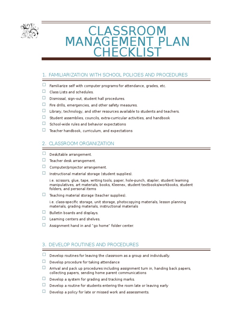 Classroom Management Plan and Checklist | PDF | Differentiated ...