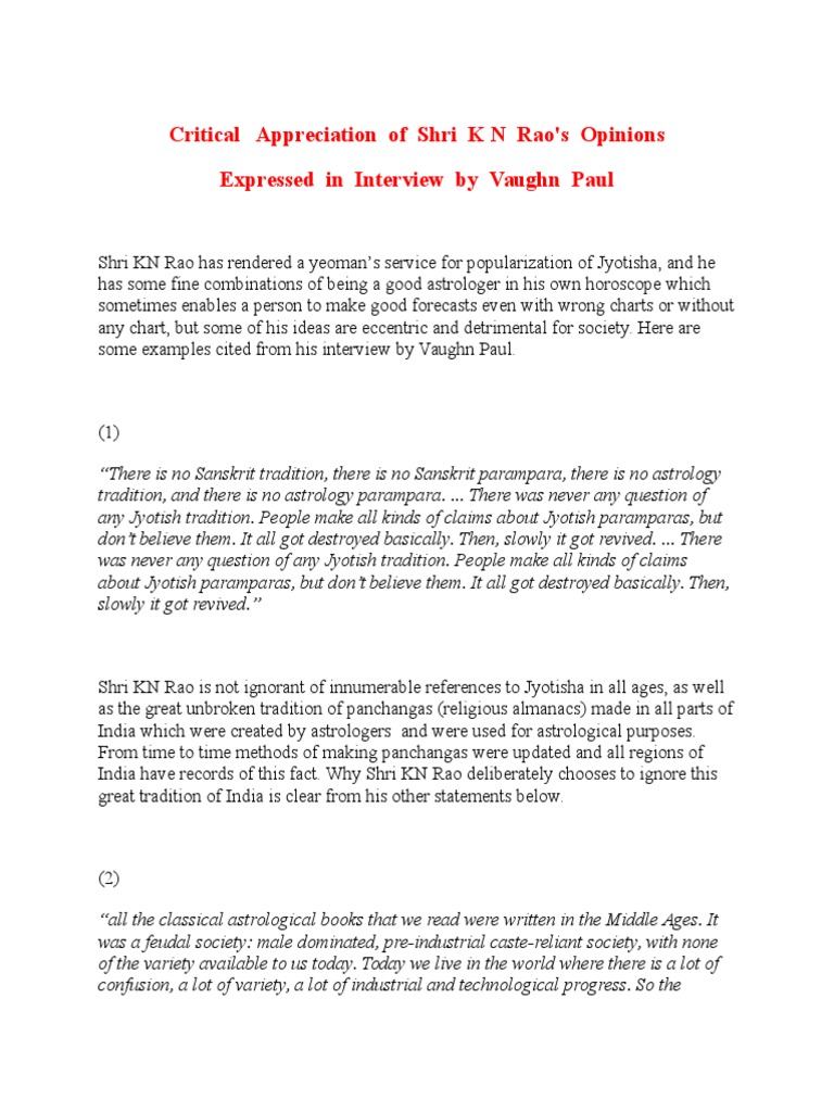 Critical Appreciation of K N Rao Interview | PDF | Hindu Astrology ...