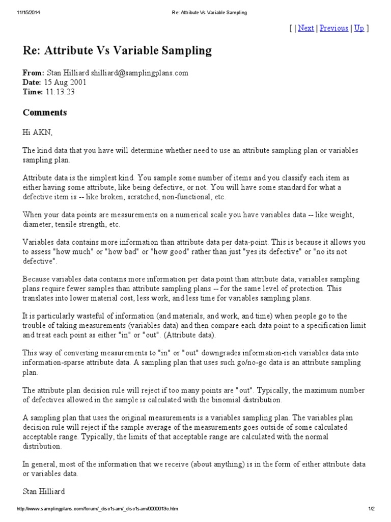 Attribute Vs Variable Sampling | PDF