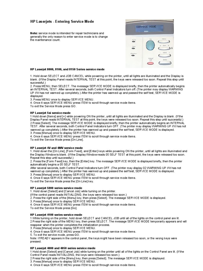 HP Laserjets - Entering Service Mode | PDF | Menu | Office Equipment