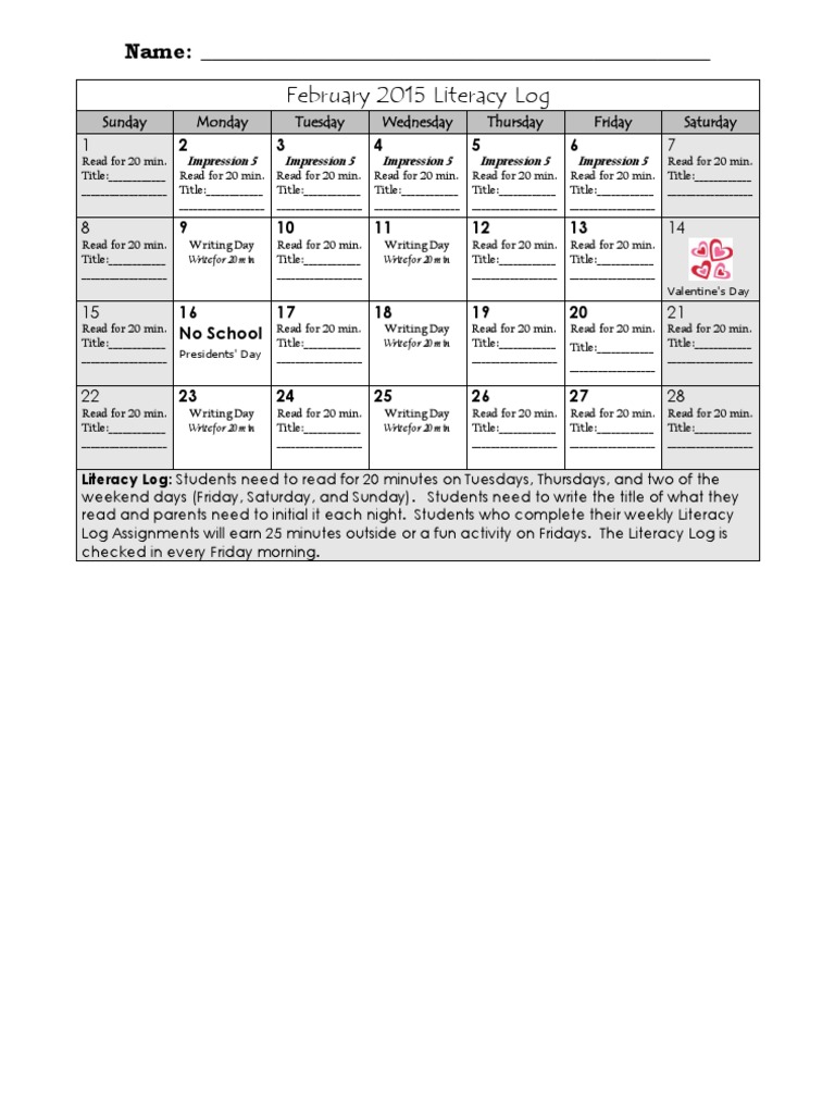 February 2015 Literacy Log Template | PDF