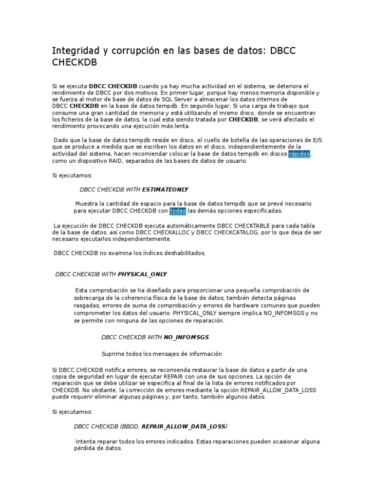 Optimización de DBCC CHECKDB en SQL Server | PDF | Servidor SQL de ...