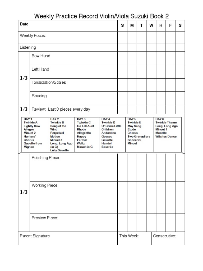 Practice Sheet Suzuki Violin Book 2 | PDF
