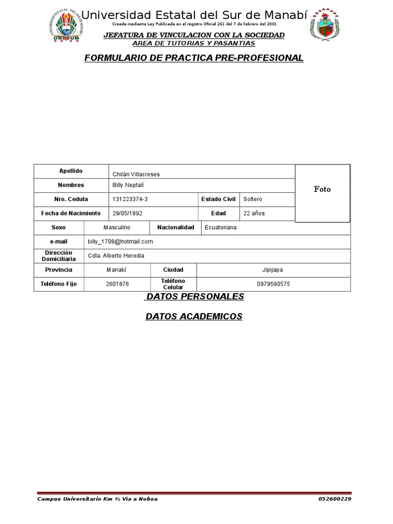 Formulario Datos Del Practicante Unesum | PDF | Política | Ciencias sociales