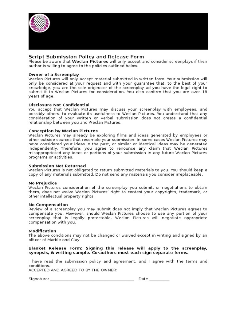 Release Form - Script Title | Screenplay | Intellectual Property