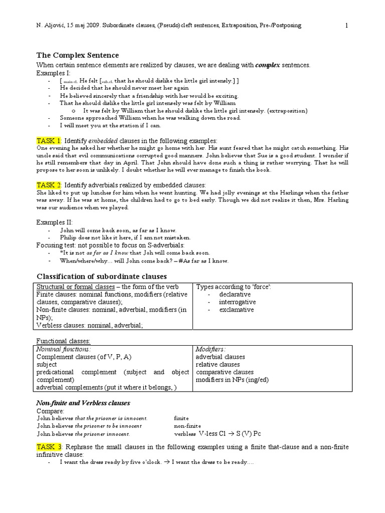 Handout Embedded Clauses | PDF | Clause | Linguistic Morphology