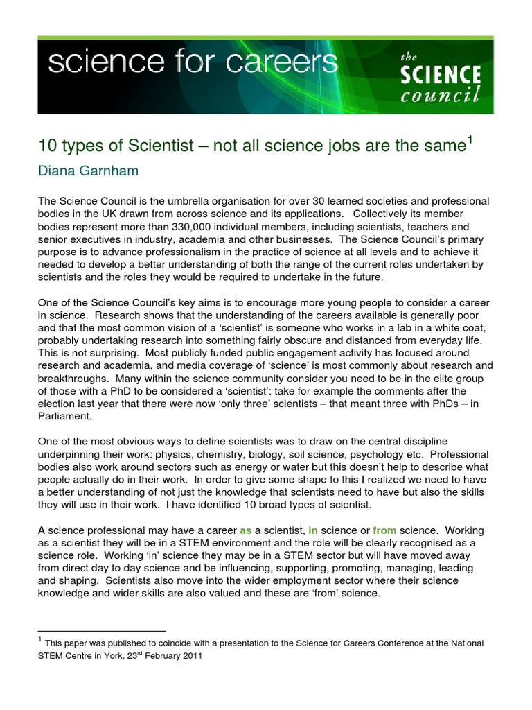 10 Types of Scientist - Science Jobs Are Not All The Same | PDF ...