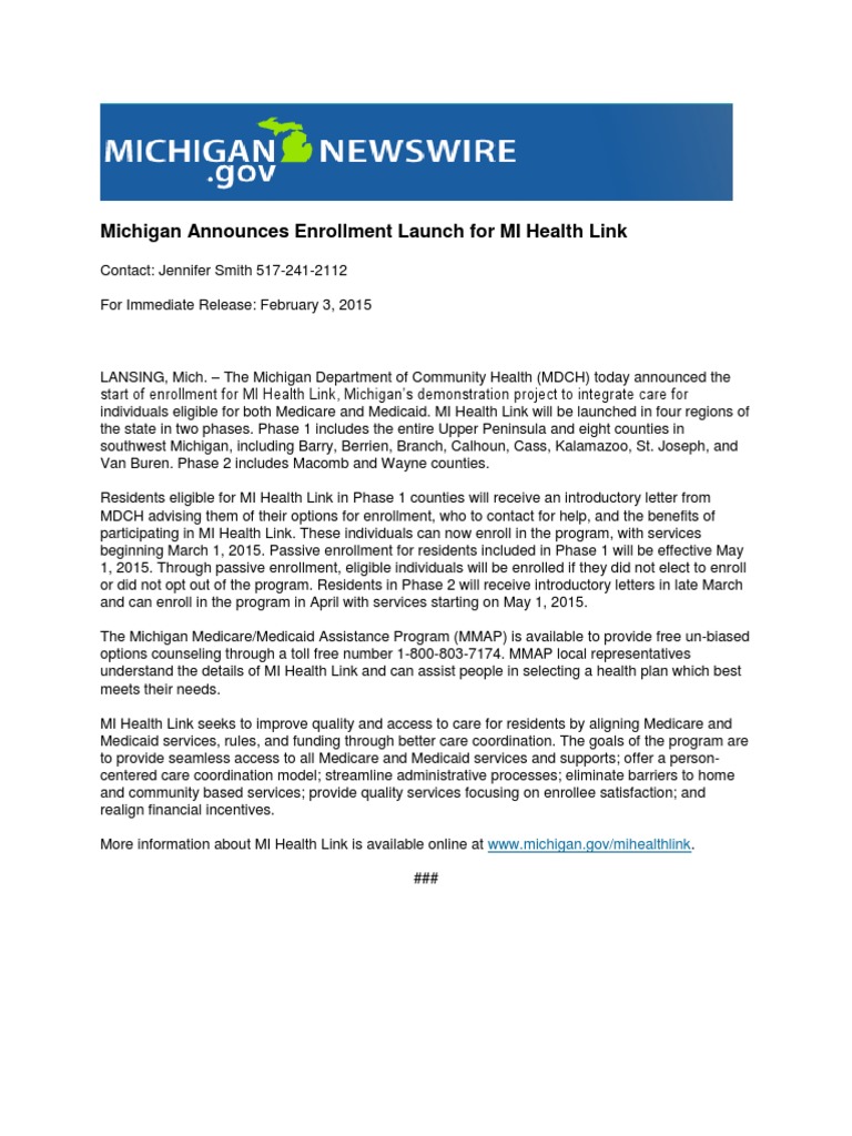 Michigan Announces Enrollment Launch For MI Health Link | PDF