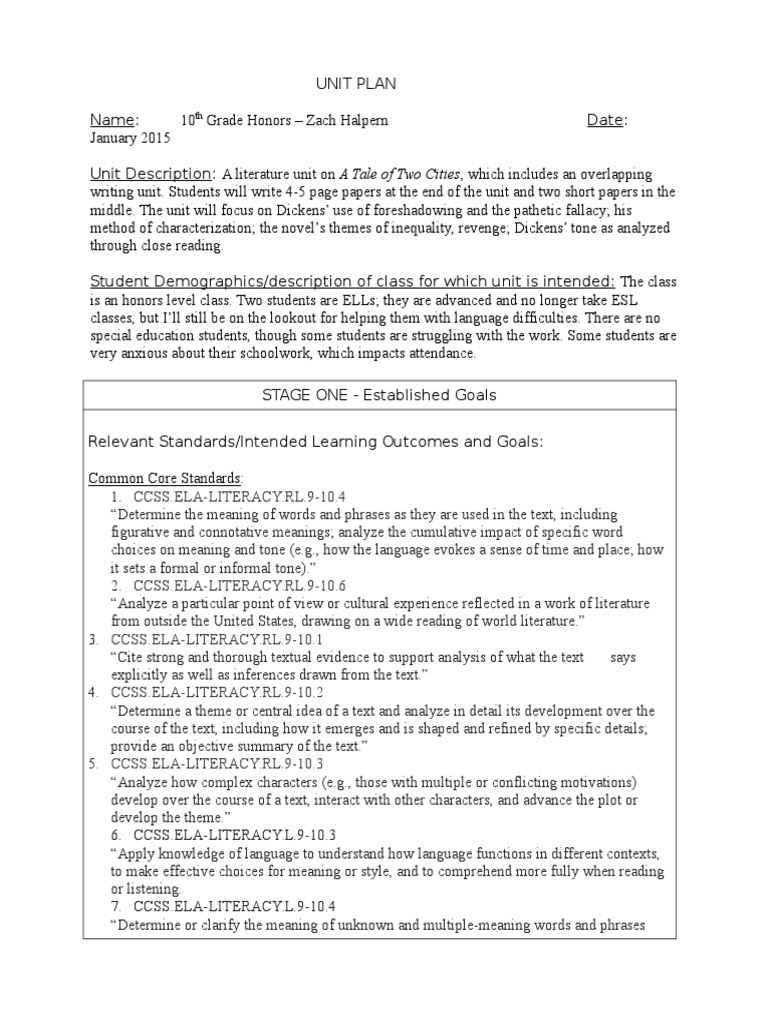 10th Grade Unit Plan: A Tale of Two Cities | PDF | Reading ...