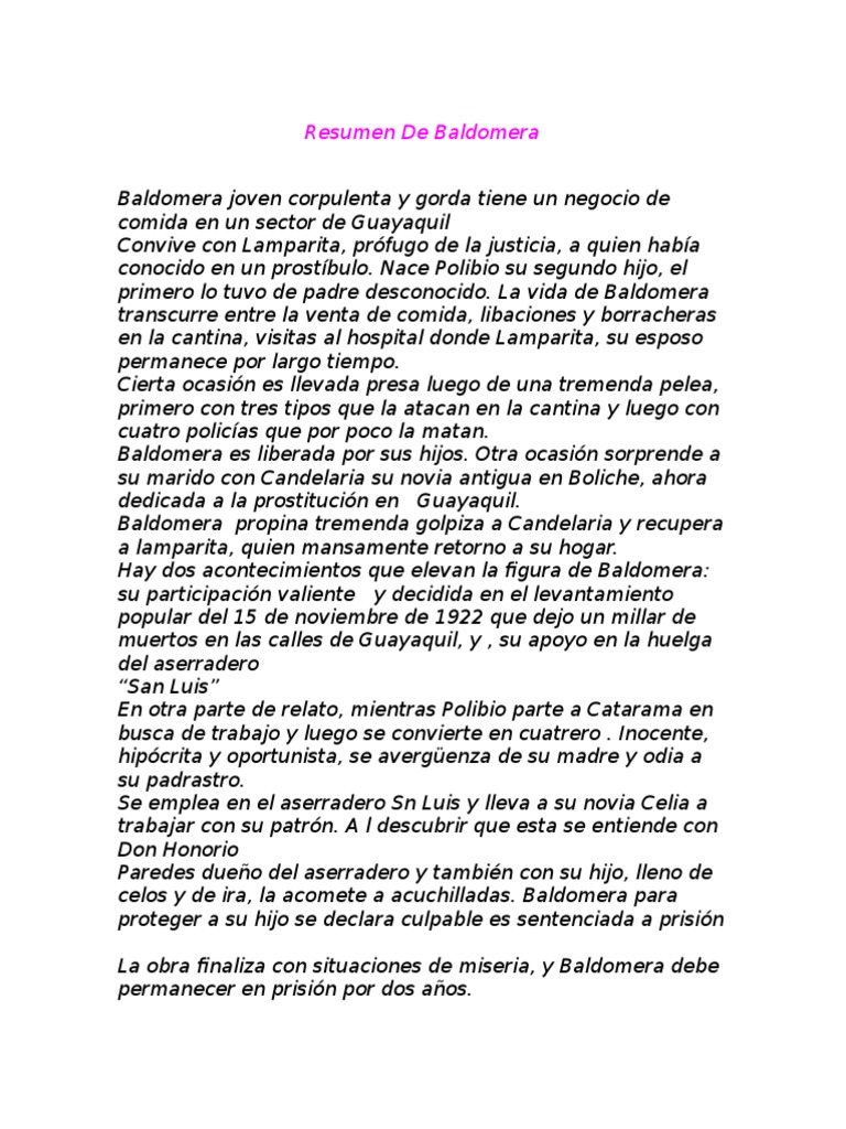 Resumen de la novela Baldomera | PDF | Historia