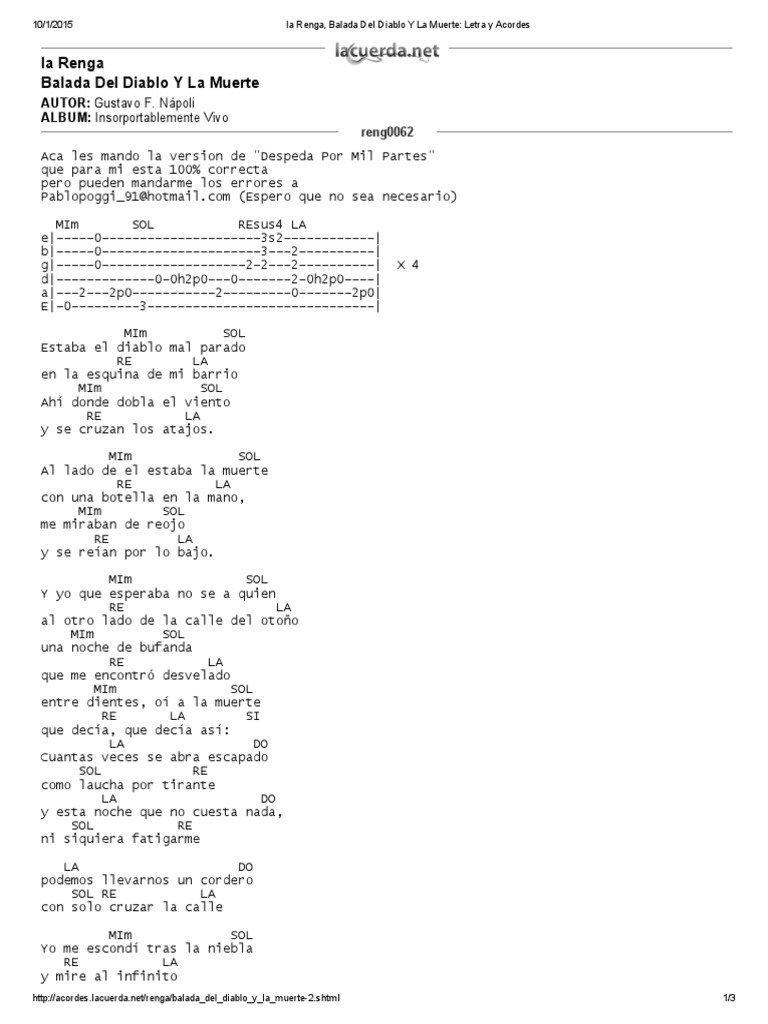 La Renga, Balada Del Diablo Y La Muerte - Letra y Acordes | PDF | Ocio ...