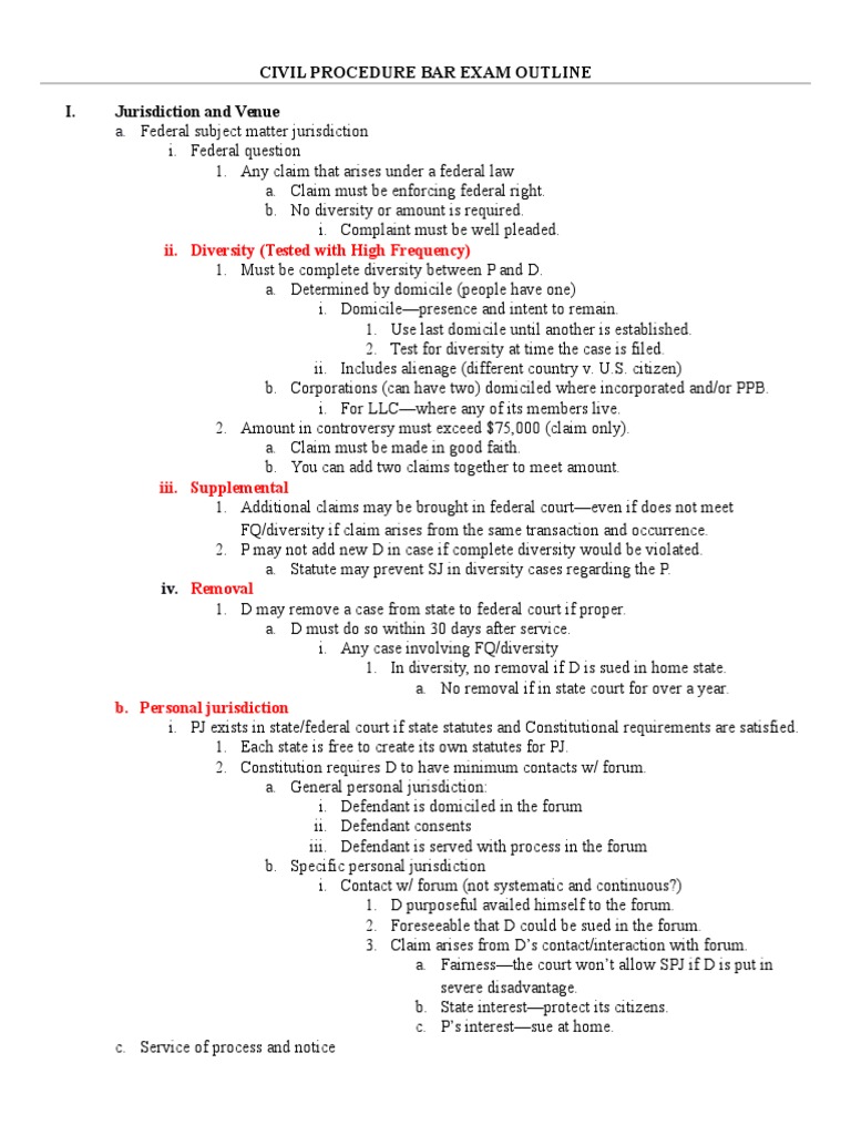 Civil Procedure Bar Exam Outline | PDF | Diversity Jurisdiction ...