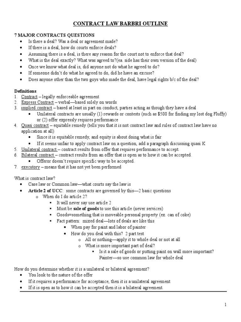Barbri Contract Law Outline | PDF | Offer And Acceptance | Parol ...