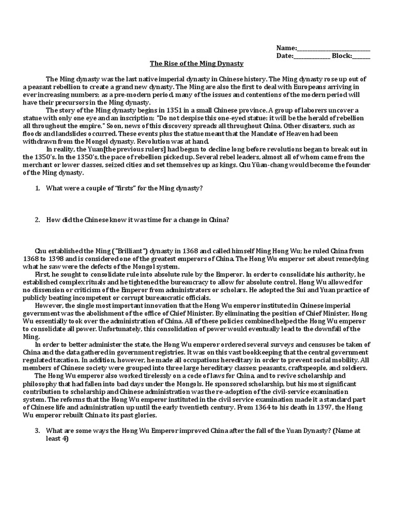 Ming and Qing Dynasty Reading | PDF | Qing Dynasty | History Of China