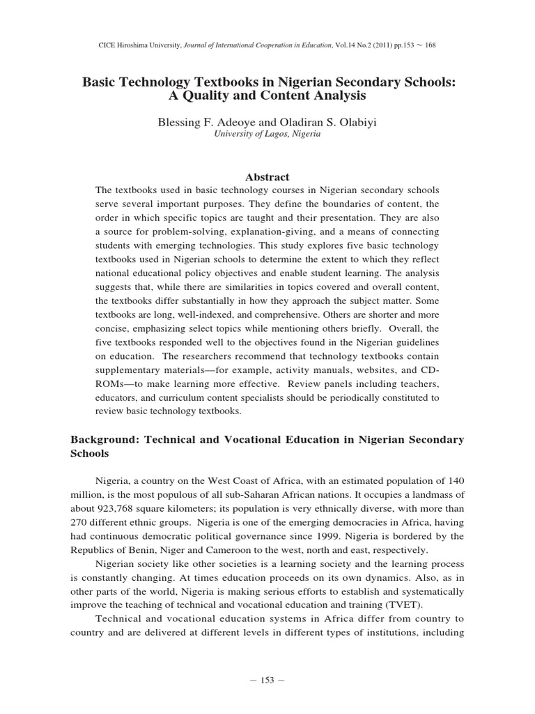 Basic Technology Textbooks in Nigerian Secondary Schools (A Quality and ...