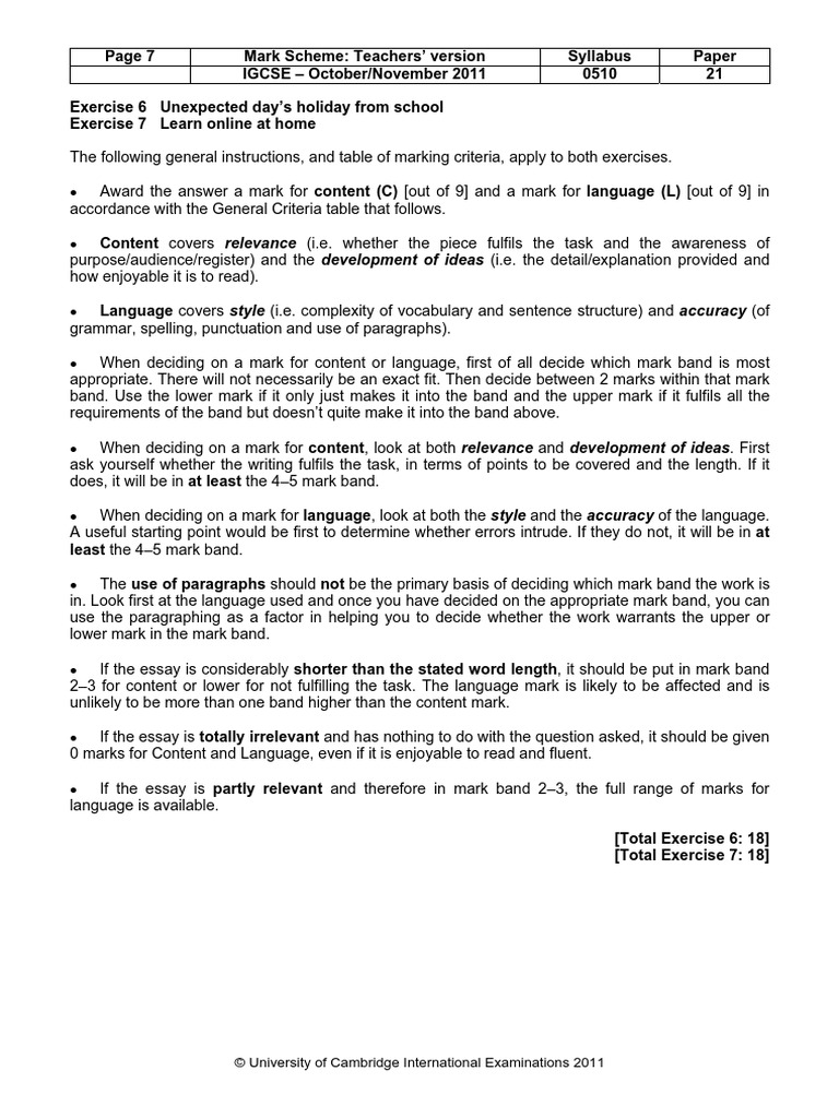 IGCSE 2nd Lang Engl Mark Scheme 2011 Summary | PDF | Rubric (Academic ...