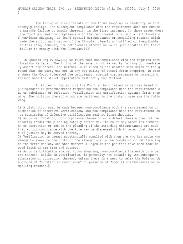 Certificate of Non-Forum Shopping - Importance | PDF | Pleading | Lawsuit