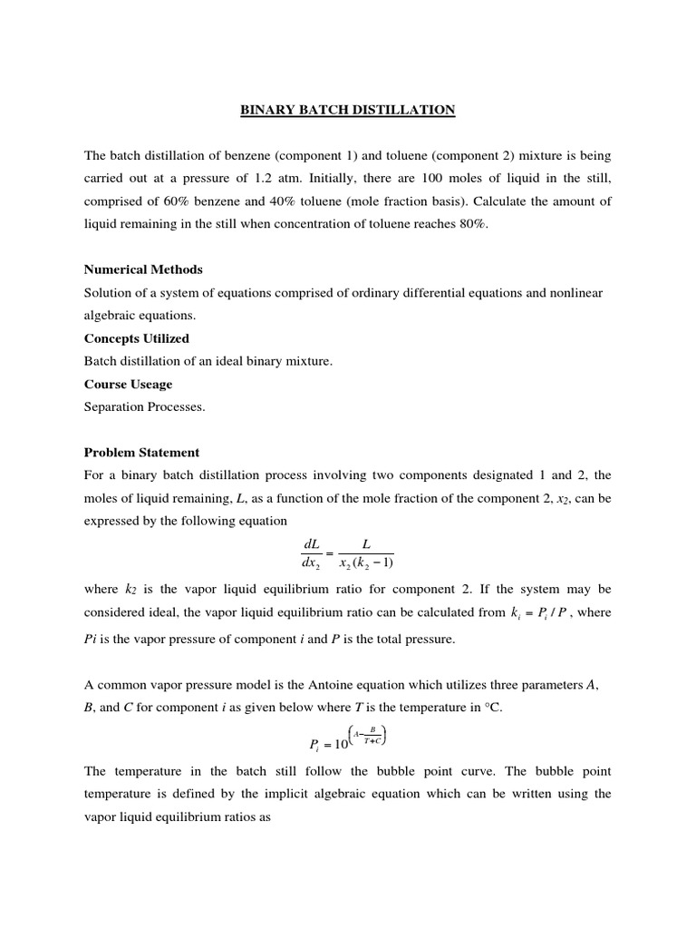 Batch Distillation | PDF | Distillation | Equations