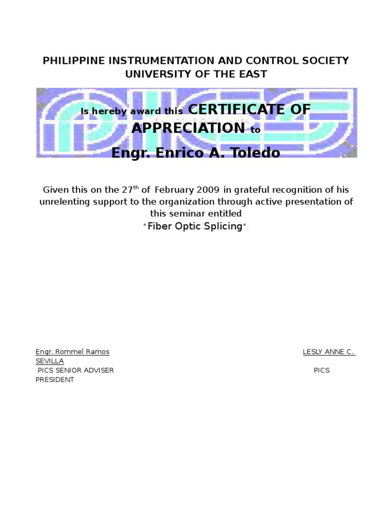 Certificate of Appreciation Engr. Enrico A. Toledo: Philippine Instrumentation and Control ...
