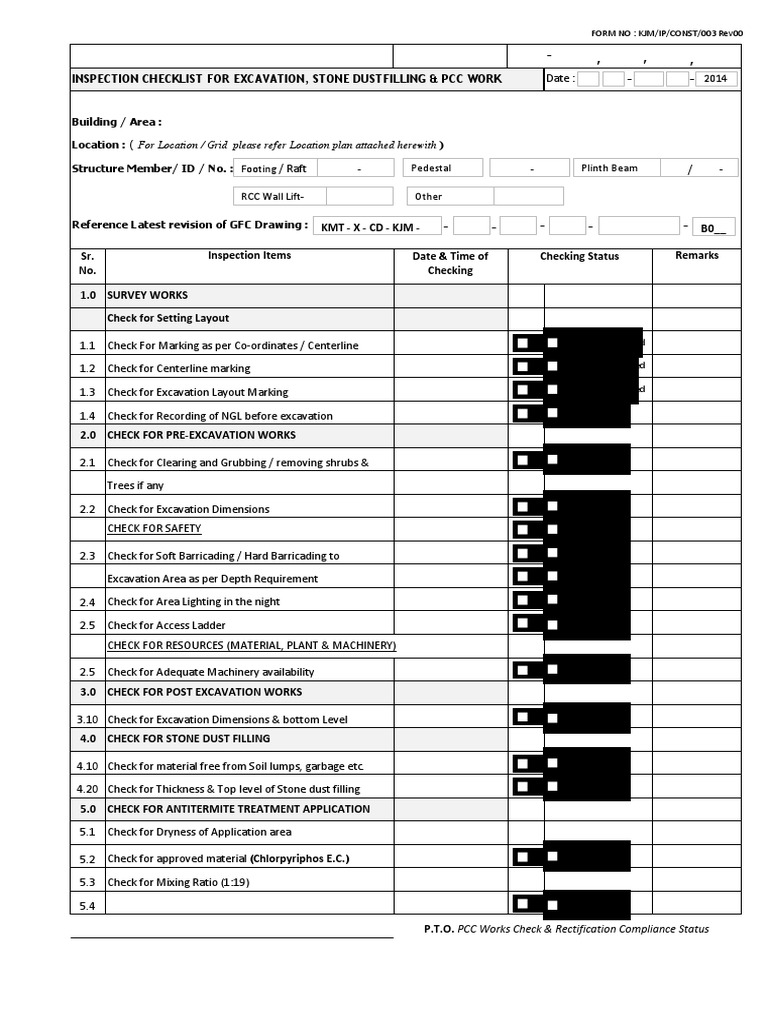 Inspection Checklist Format - Excavation, Stone Dust Filling & PCC ...