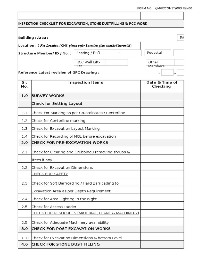 Inspection Checklist Format - Excavation | Horticulture And Gardening ...