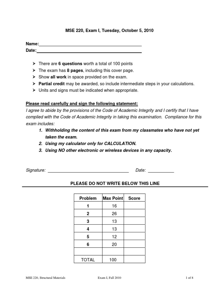 MSE 220 Exam I: Structural Materials Properties, Mechanical Behavior ...