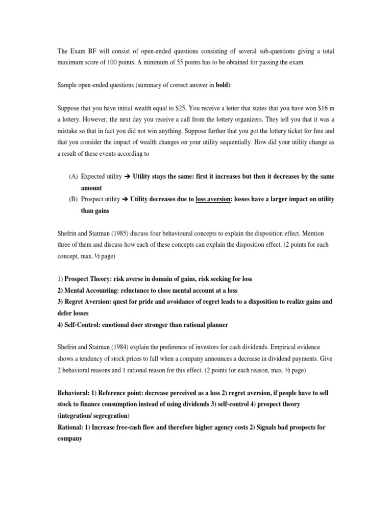 Sample Exam Questions Behavioral Finance | PDF | Utility | Stocks