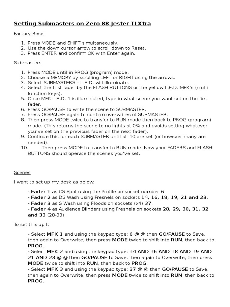 Setting Scenes and Submasters On Zero 88 Jester TLXtra | PDF | Teaching ...